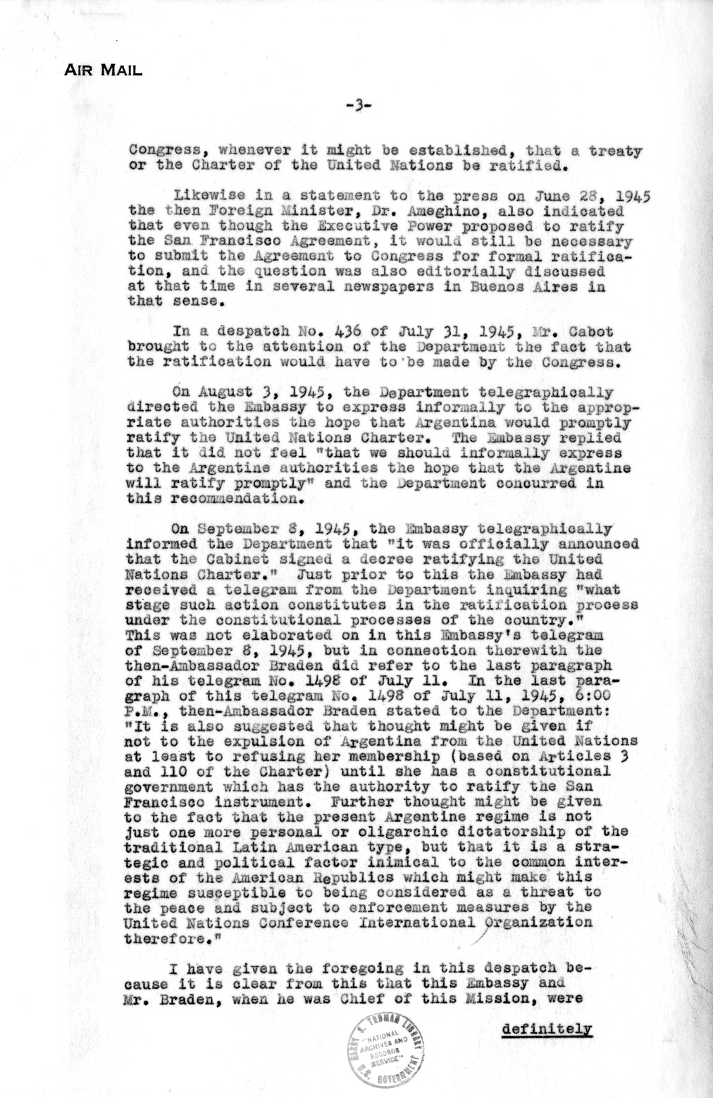 Memorandum from George Messersmith to President Harry S. Truman, with ...