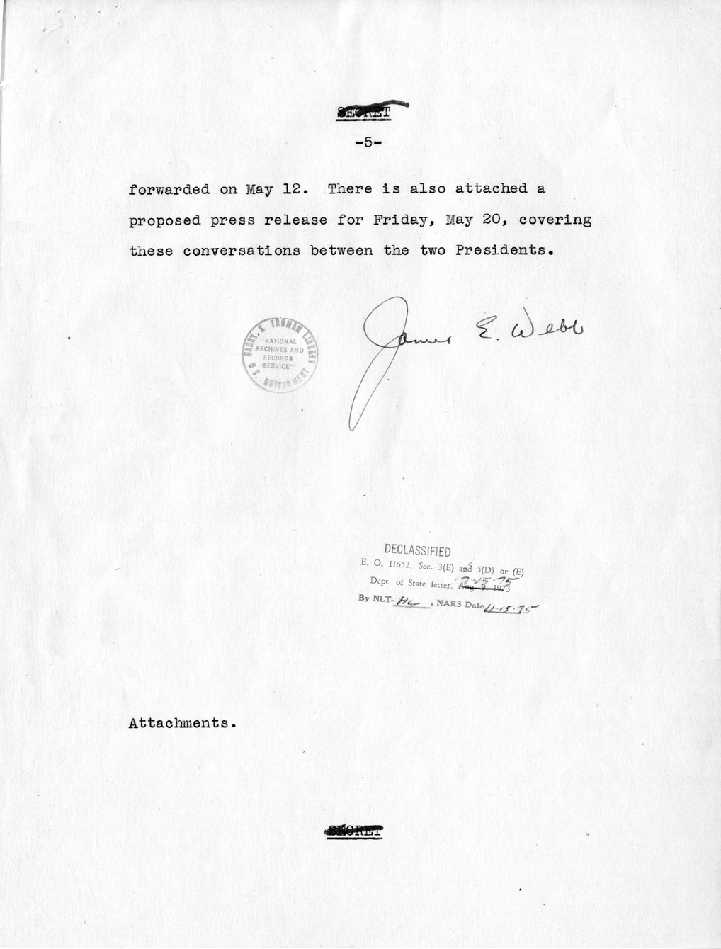 Memorandum for President Harry S. Truman from James E. Webb related to President of Brazil visit ...