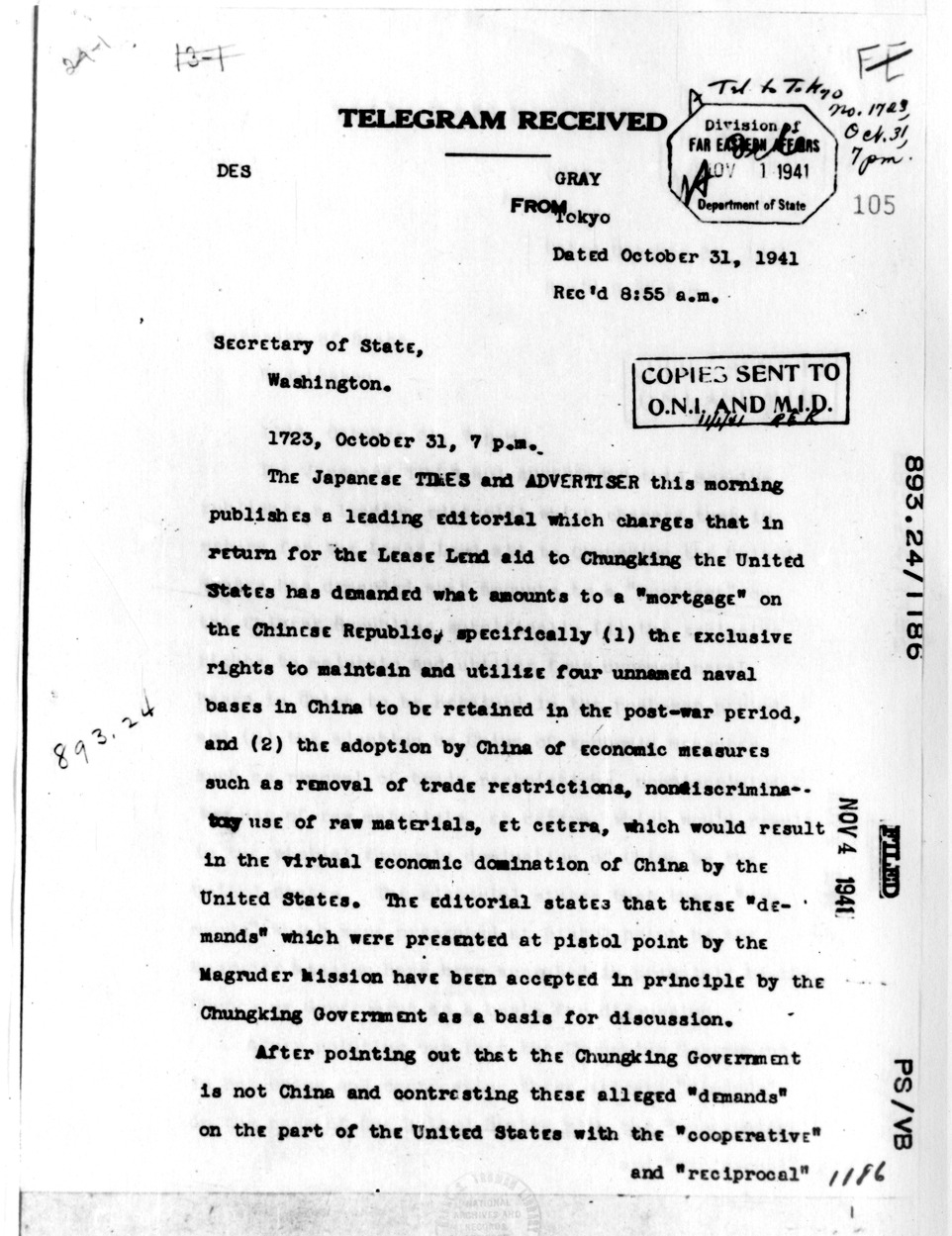 Telegram from Joseph Grew to Secretary of State Cordell Hull | Harry S ...