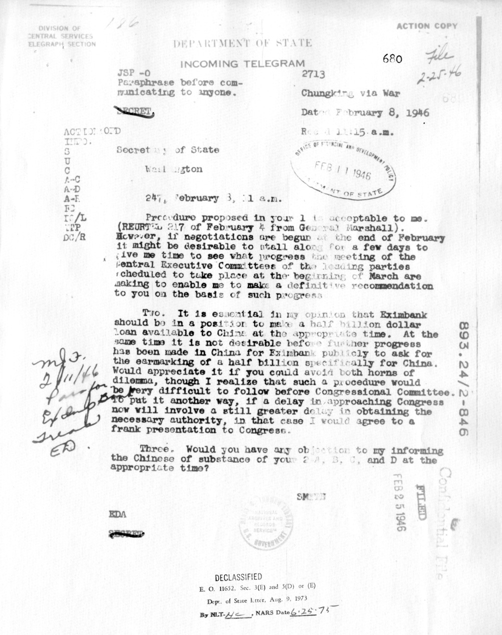 Telegram from American Embassy, Chungking, to Secretary of State James ...