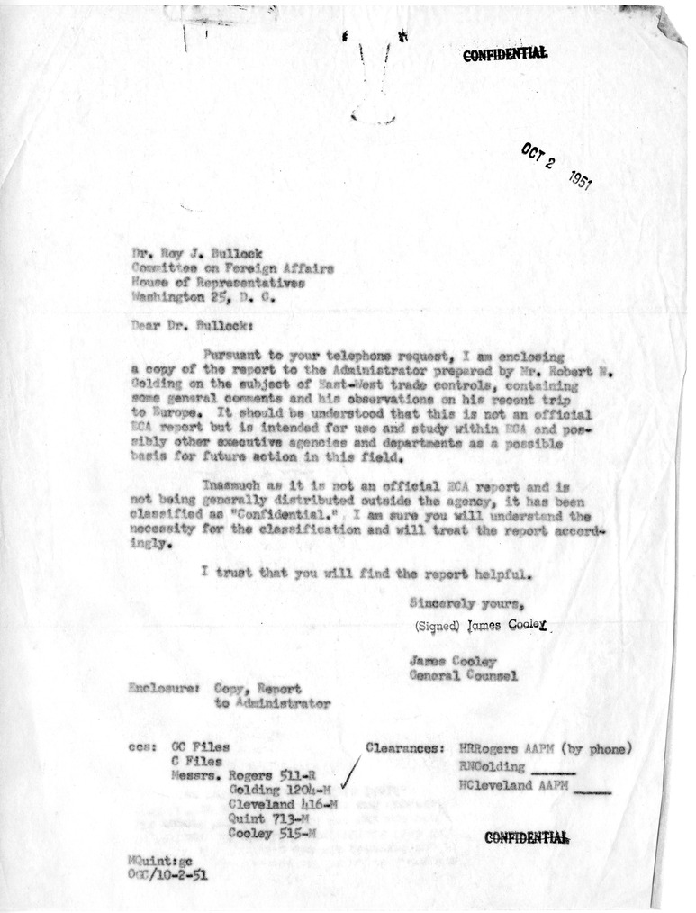 Memorandum from James Cooley to Roy J. Bullock with Attached Report by ...