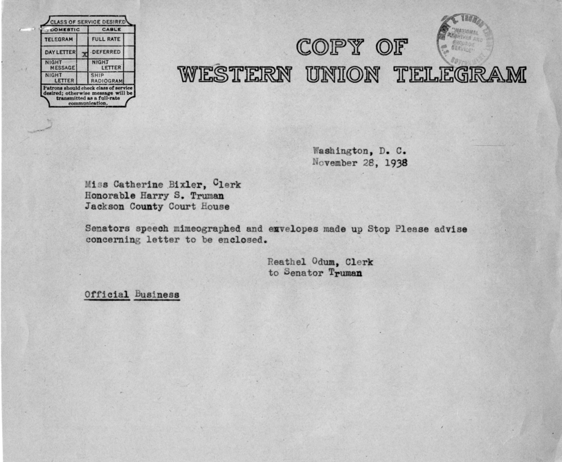 Telegram from Reathel Odum to Catherine Bixler | Harry S. Truman