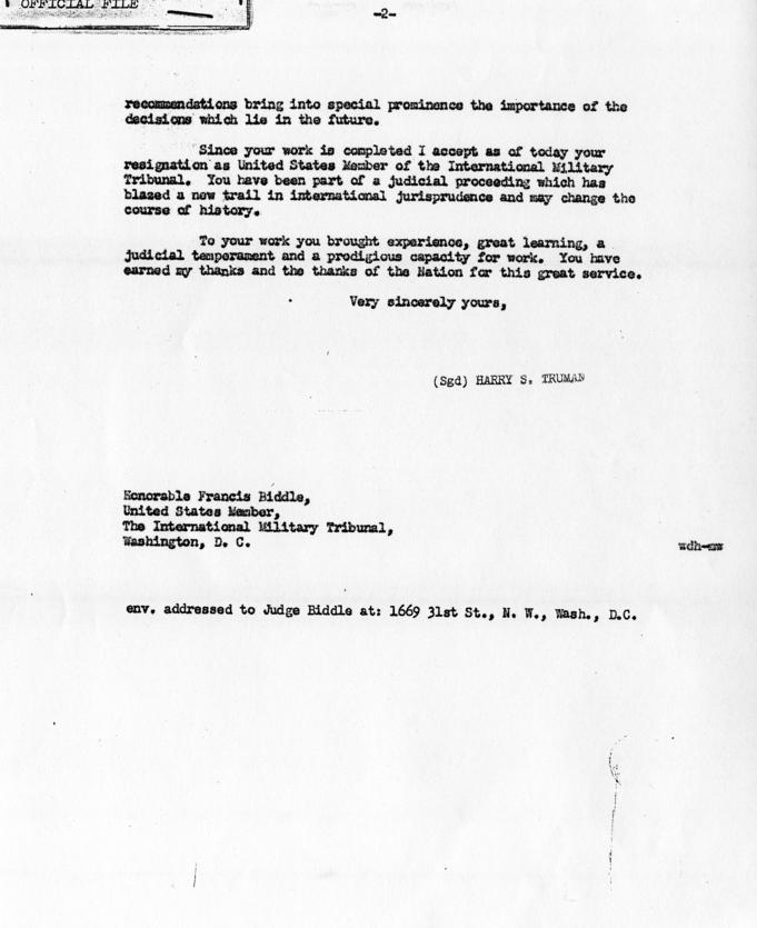 Correspondence between Harry S. Truman and Francis Biddle, accompanied ...