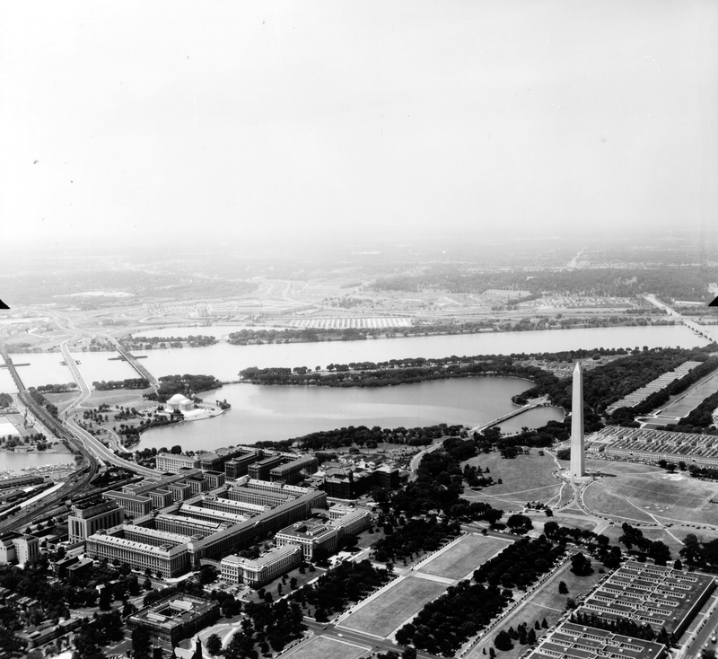Aerial photograph over Washington, D. C. along the Potomac River ...