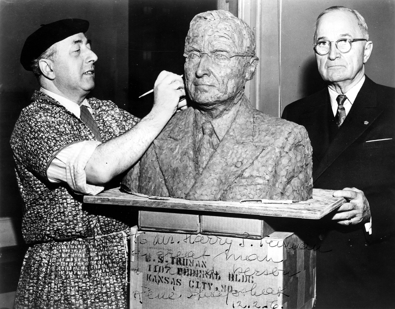 Former President Truman poses for a bronze bust | Harry S. Truman