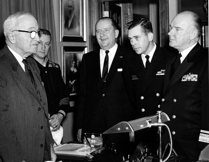 Former President Harry S. Truman, Navy officers, and others in his ...