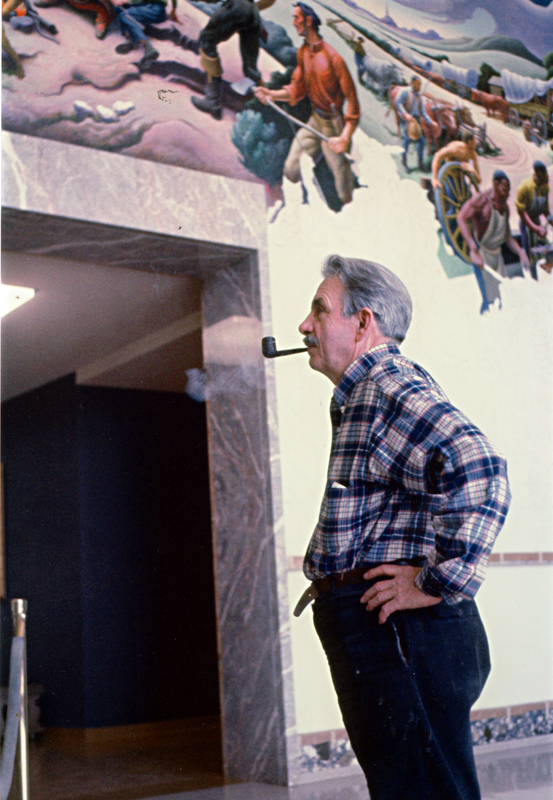 Thomas Hart Benton views the progress on his mural in the lobby of the ...