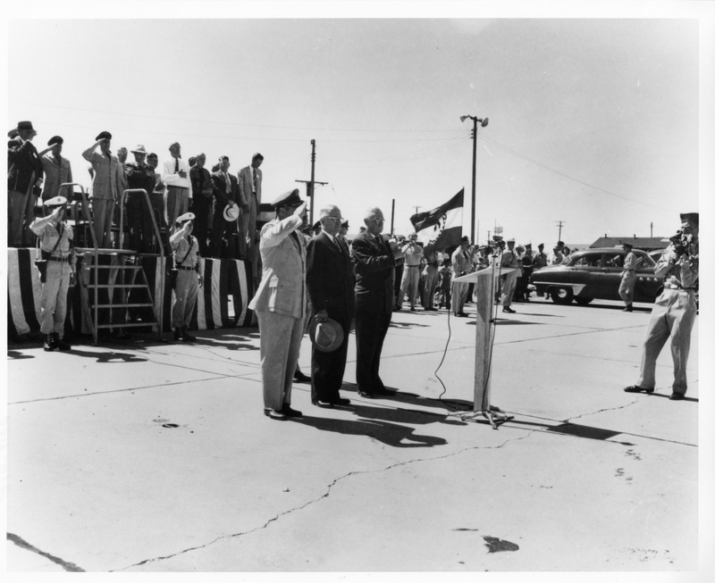 Former President Harry S. Truman, (center by microphone) Preparing to ...