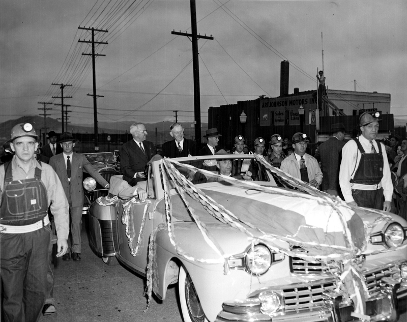Truman in car with miners around him | Harry S. Truman