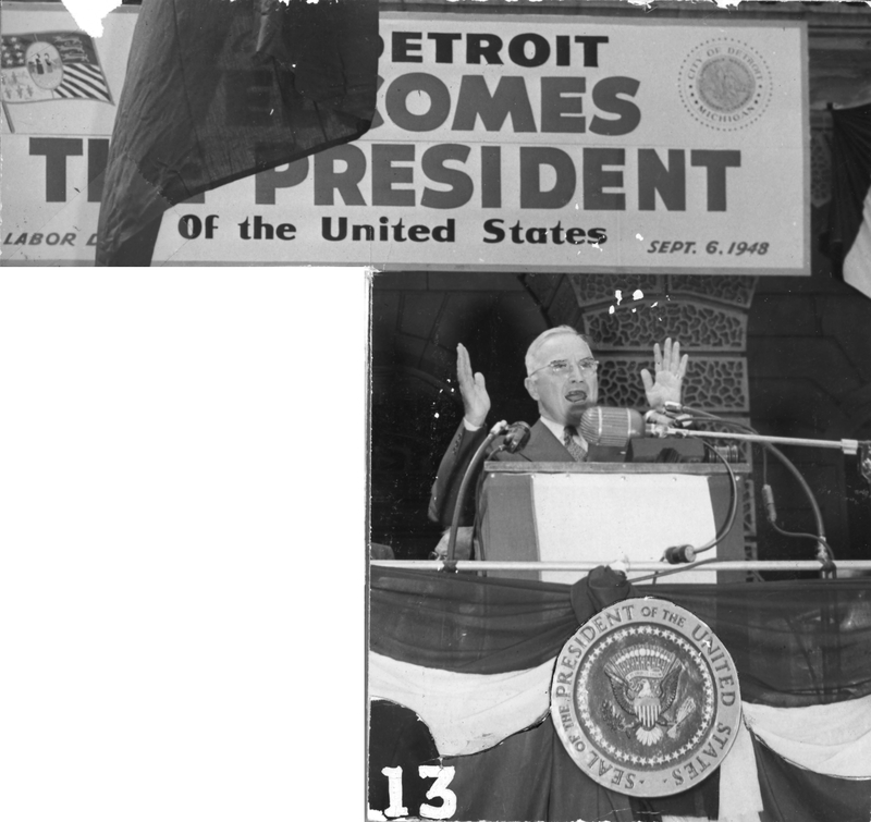 President Harry S. Truman speaking in Detroit on the campaign trail in ...