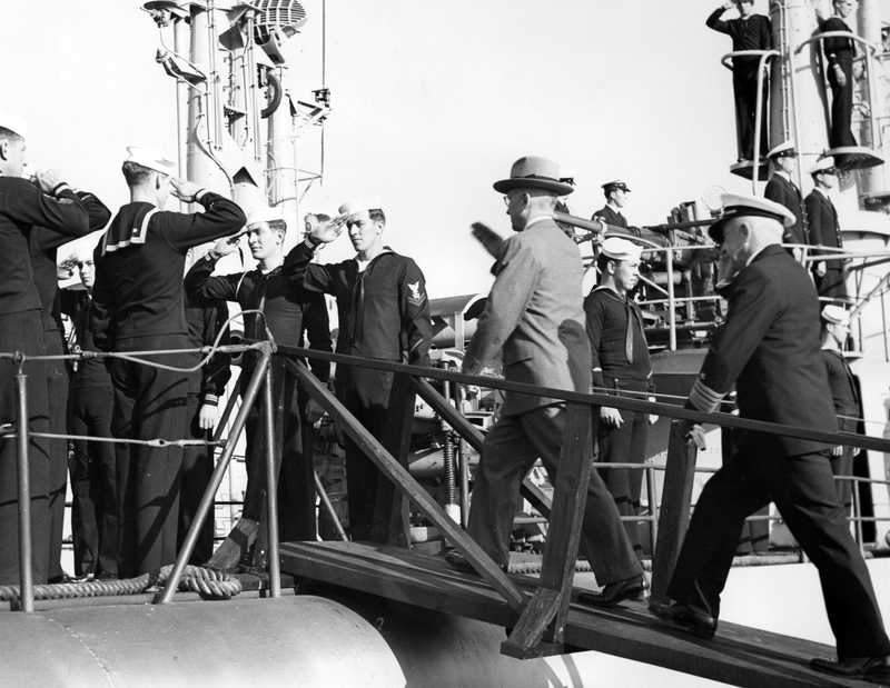 President Truman and Admiral Fitch are piped aboard the U. S. S. Tusk ...