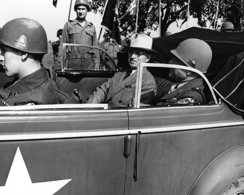 Truman sitting in sedan with Gen. Doyle O. Hickey during visit in ...