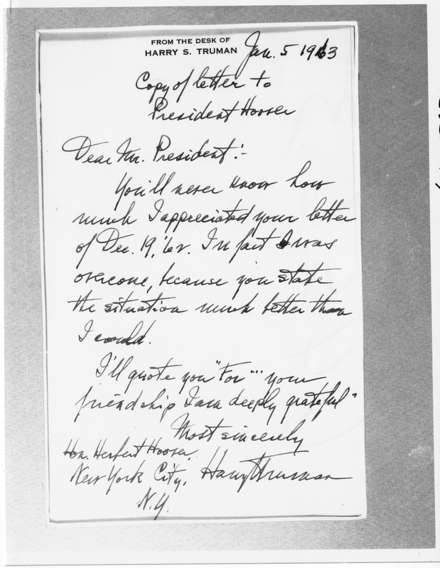 Letter From President Truman to Herbert Hoover | Harry S. Truman