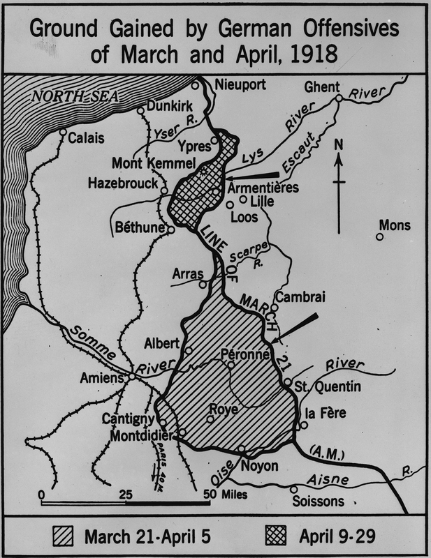 Map of ground gained by German offensives of March and April 1918 ...
