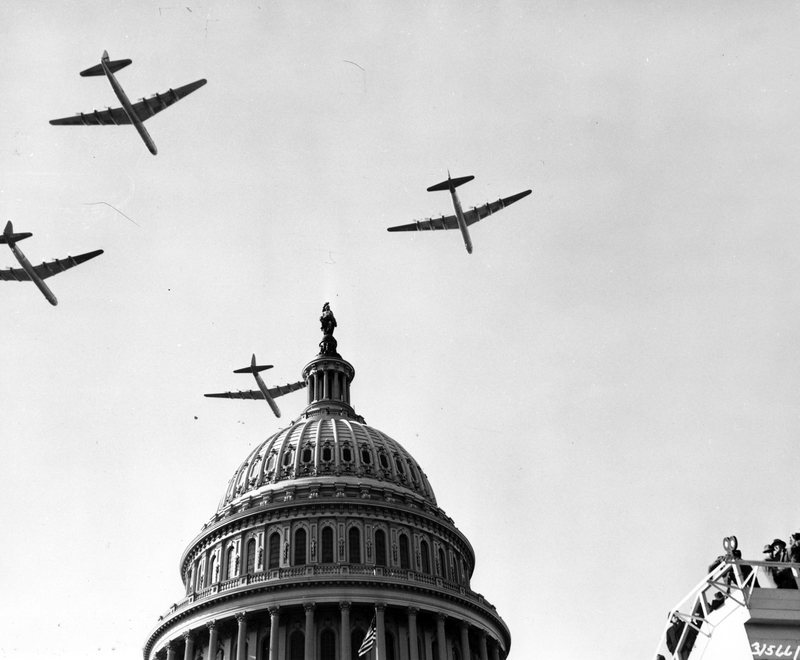 Aerial view of the Capitol with airplanes flying over on inauguration ...