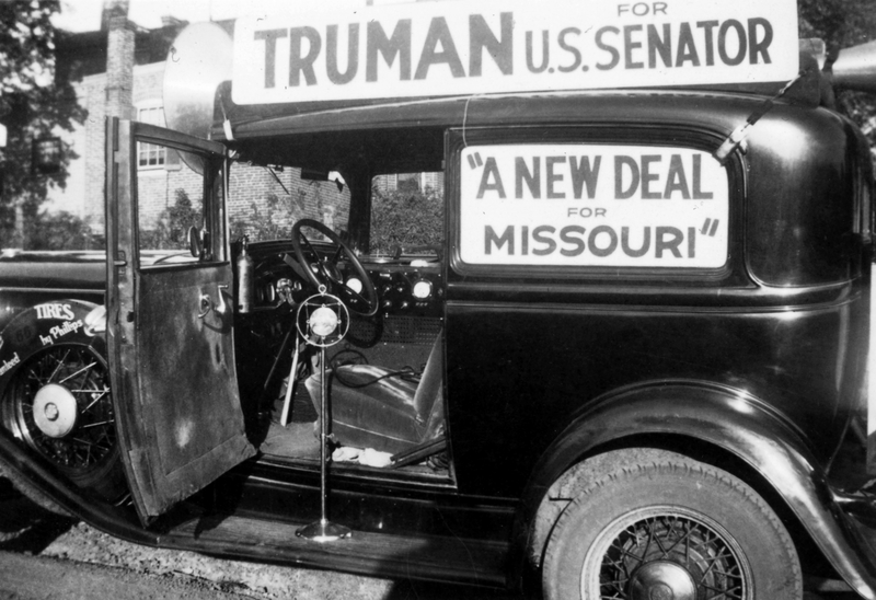 Exterior photo of the campaign car or "sound car" from Harry S. Truman ...