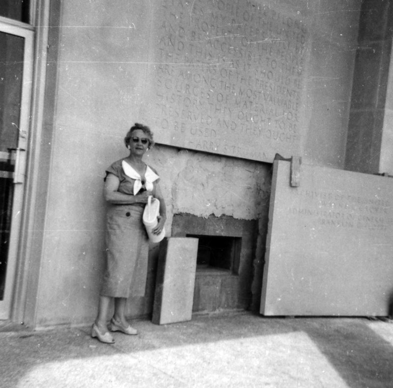 Mrs. Eddie Jacobson stands beside the cornerstone of the Truman Library ...