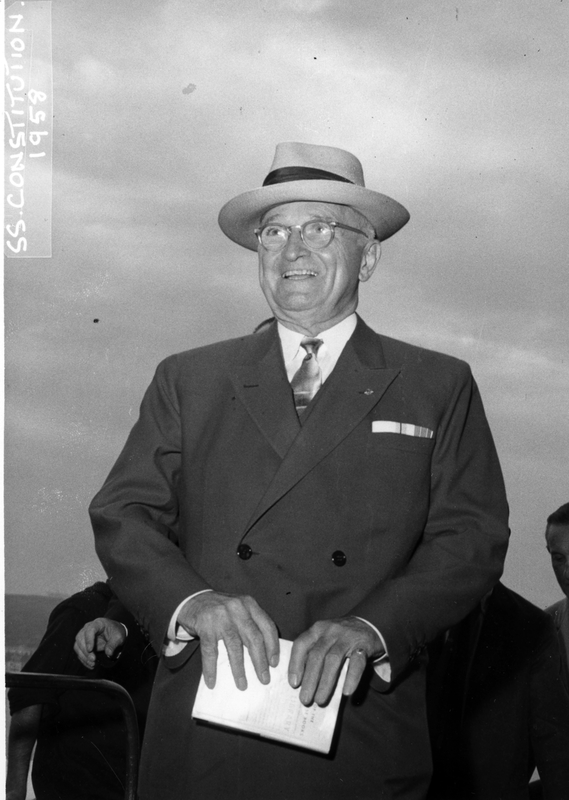 Former President Truman Wearing a Hat Aboard the S.S. Constitution ...