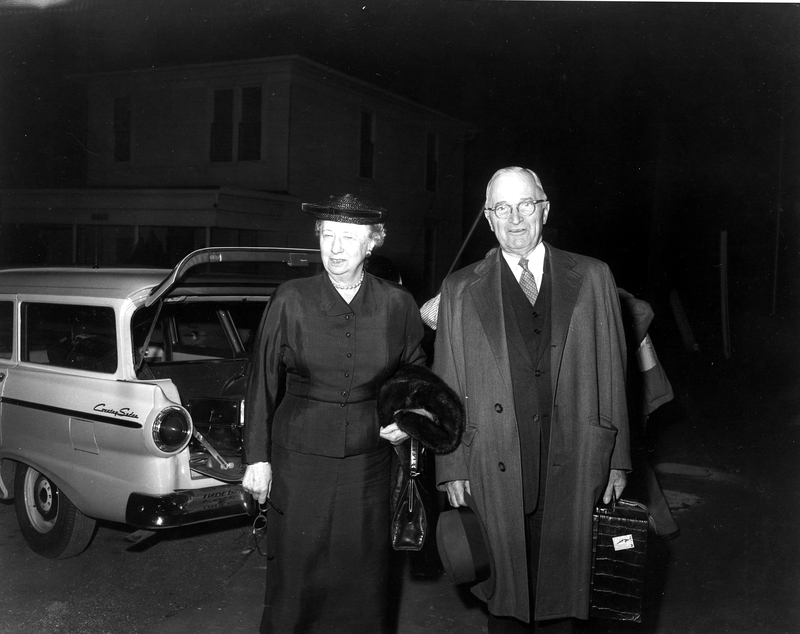 Mr. and Mrs. Truman standing near a station wagon | Harry S. Truman