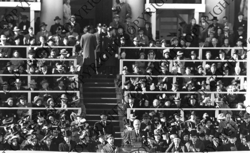 Distance view of President Truman giving the Inaugural address | Harry ...