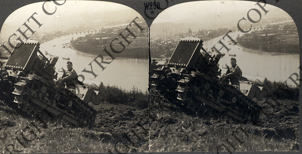 Stereograph of U. S. Army tractor (bulldozer)negotiating the steep ...