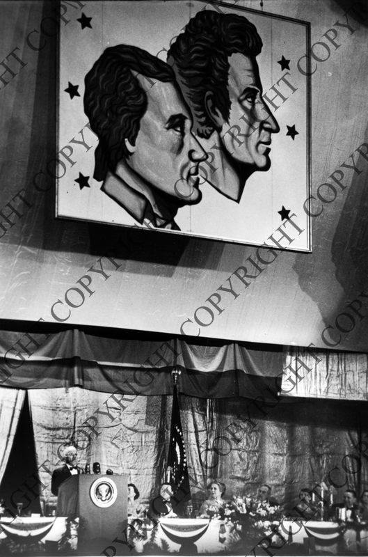 Long view of President Truman speaking at the Jefferson-Jackson Day ...